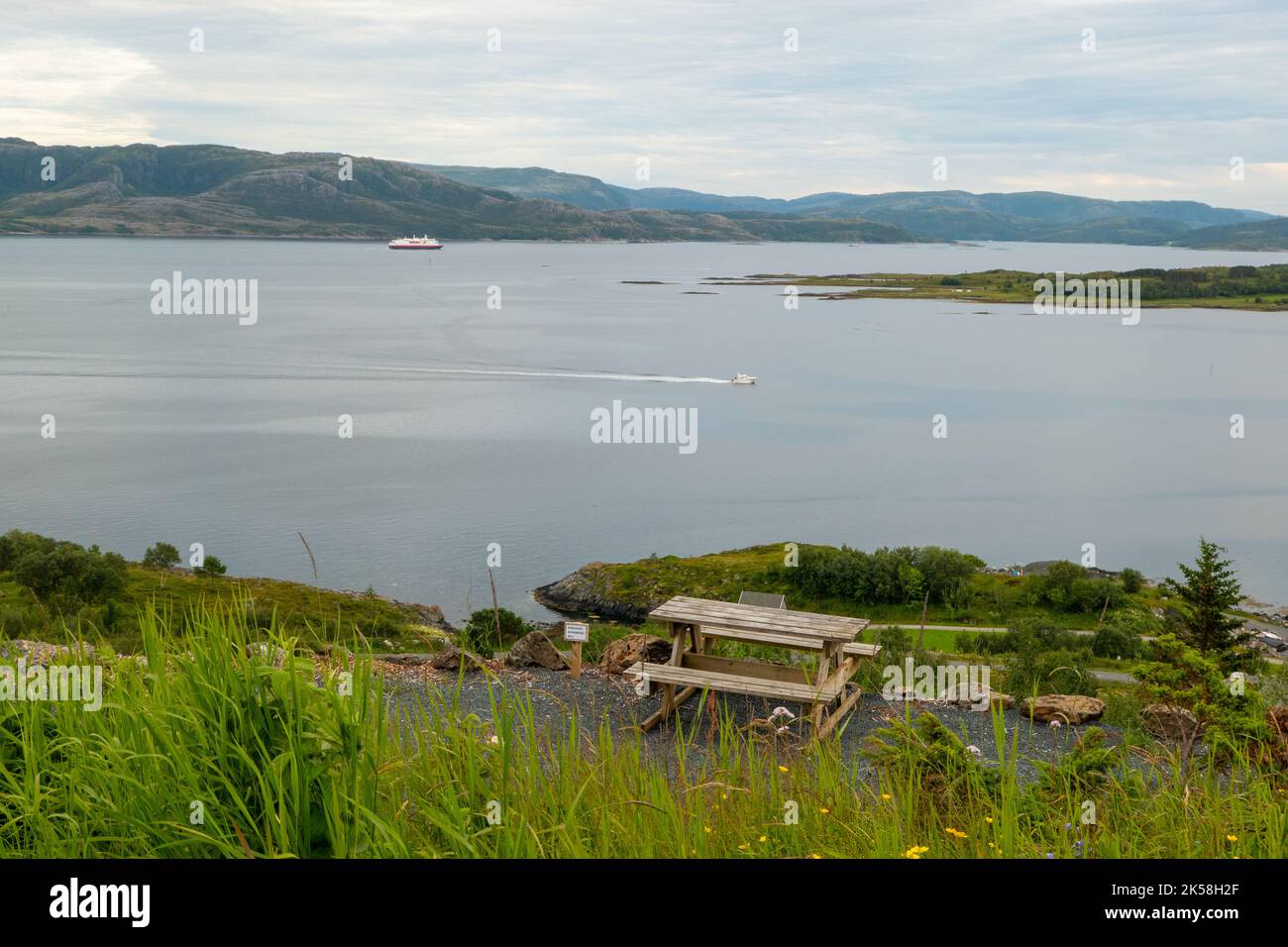 view at the sea and picnic table from the island of Leka in Norway ...