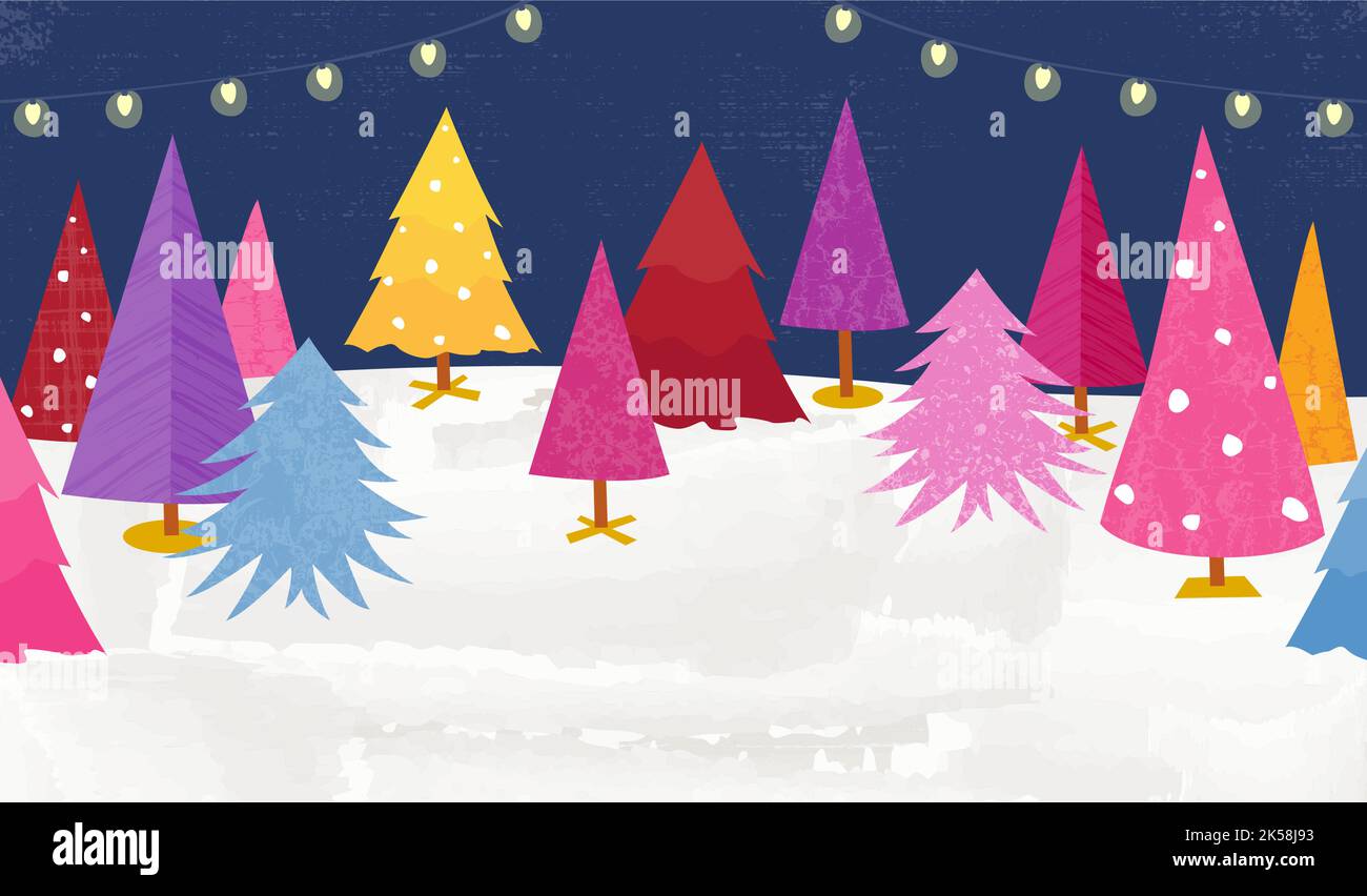A playful night time colorful christmas tree lot, in a cut paper style ...