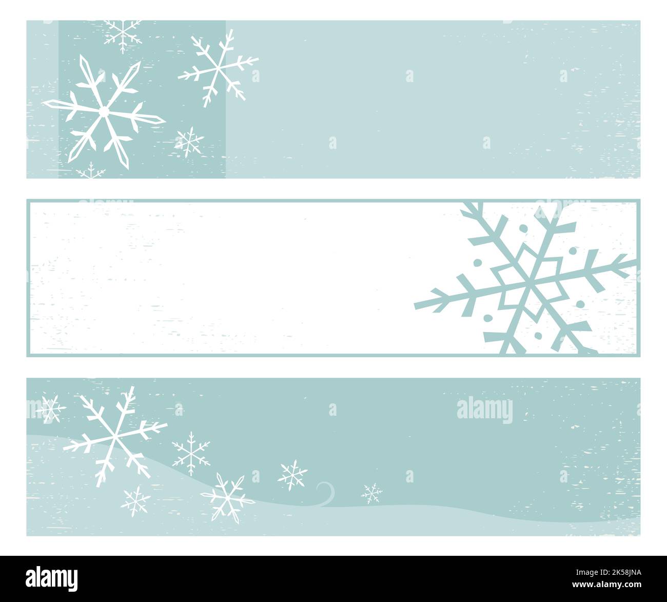 A set of three wintery snowflake themed banners with copy space, in a ...