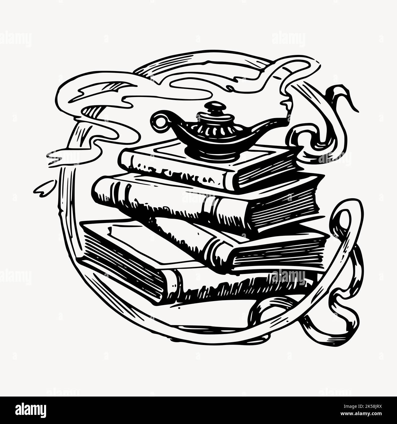 Magical lamp drawing, vintage spell books illustration vector Stock ...