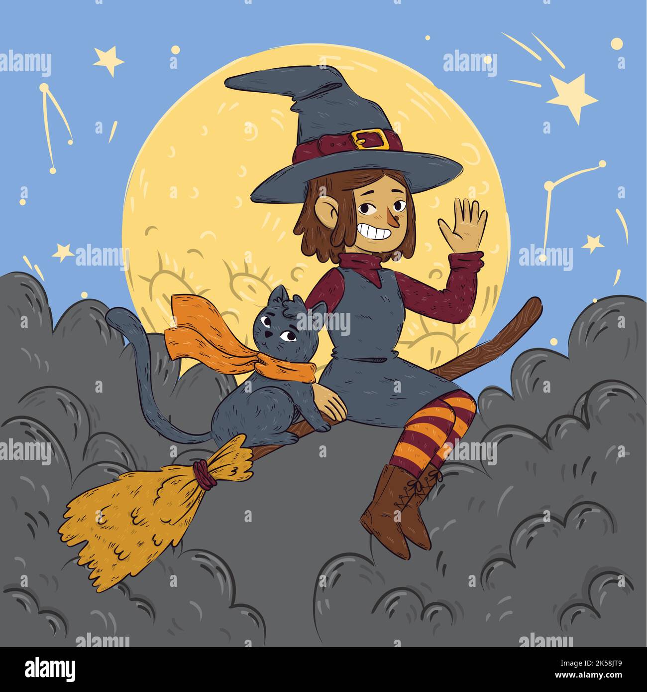 hand drawn halloween with witch vector design illustration Stock Vector ...