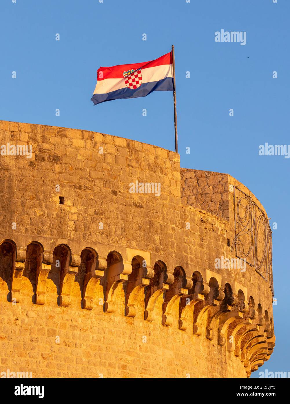 DUBROVNIK, CROATIA, EUROPE - Croatia flag flying over the Minceta Tower ...