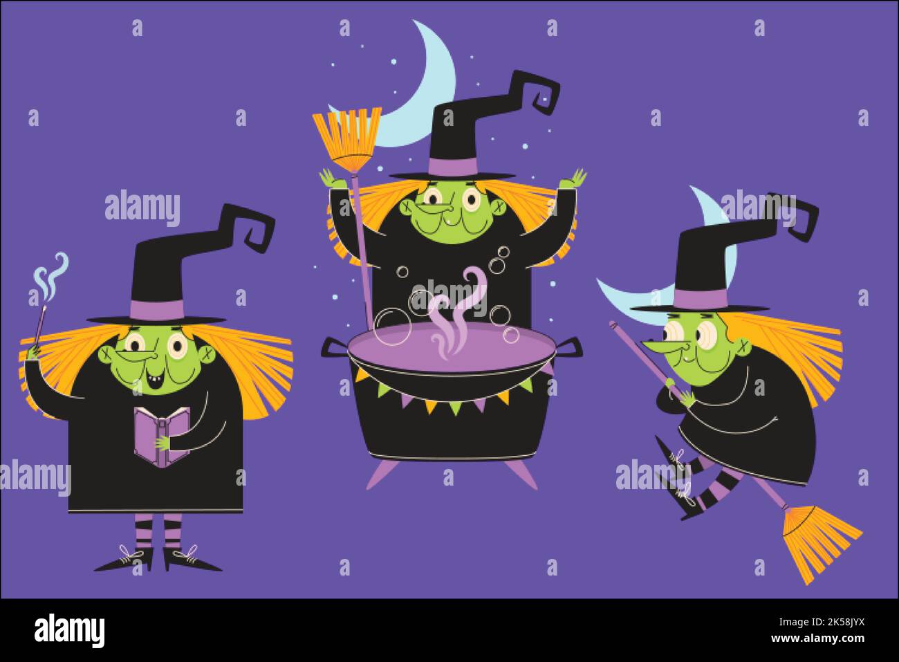 hand drawn flat halloween witches collection vector design illustration ...