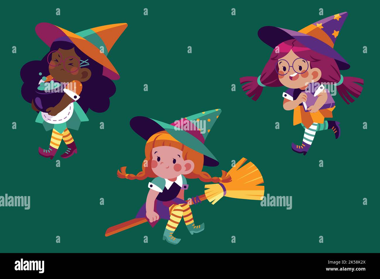 hand drawn flat halloween witches collection vector design illustration ...