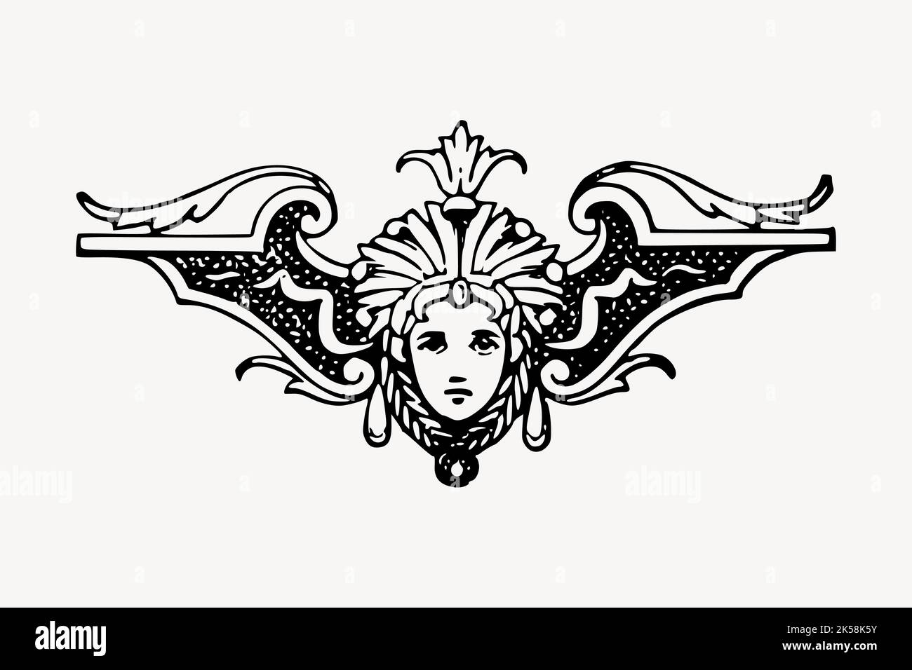 Woman's head ornate drawing, vintage art deco illustration vector Stock ...