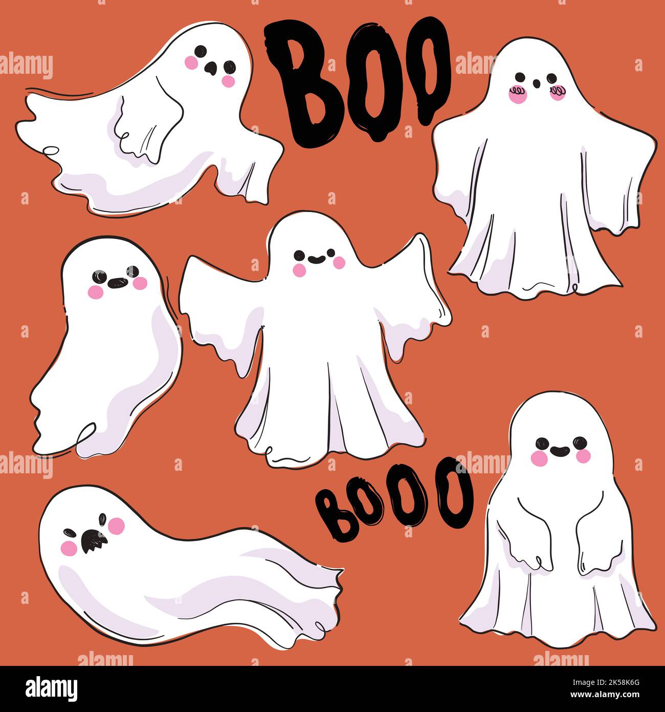 hand drawn halloween ghosts collection vector design illustration Stock ...