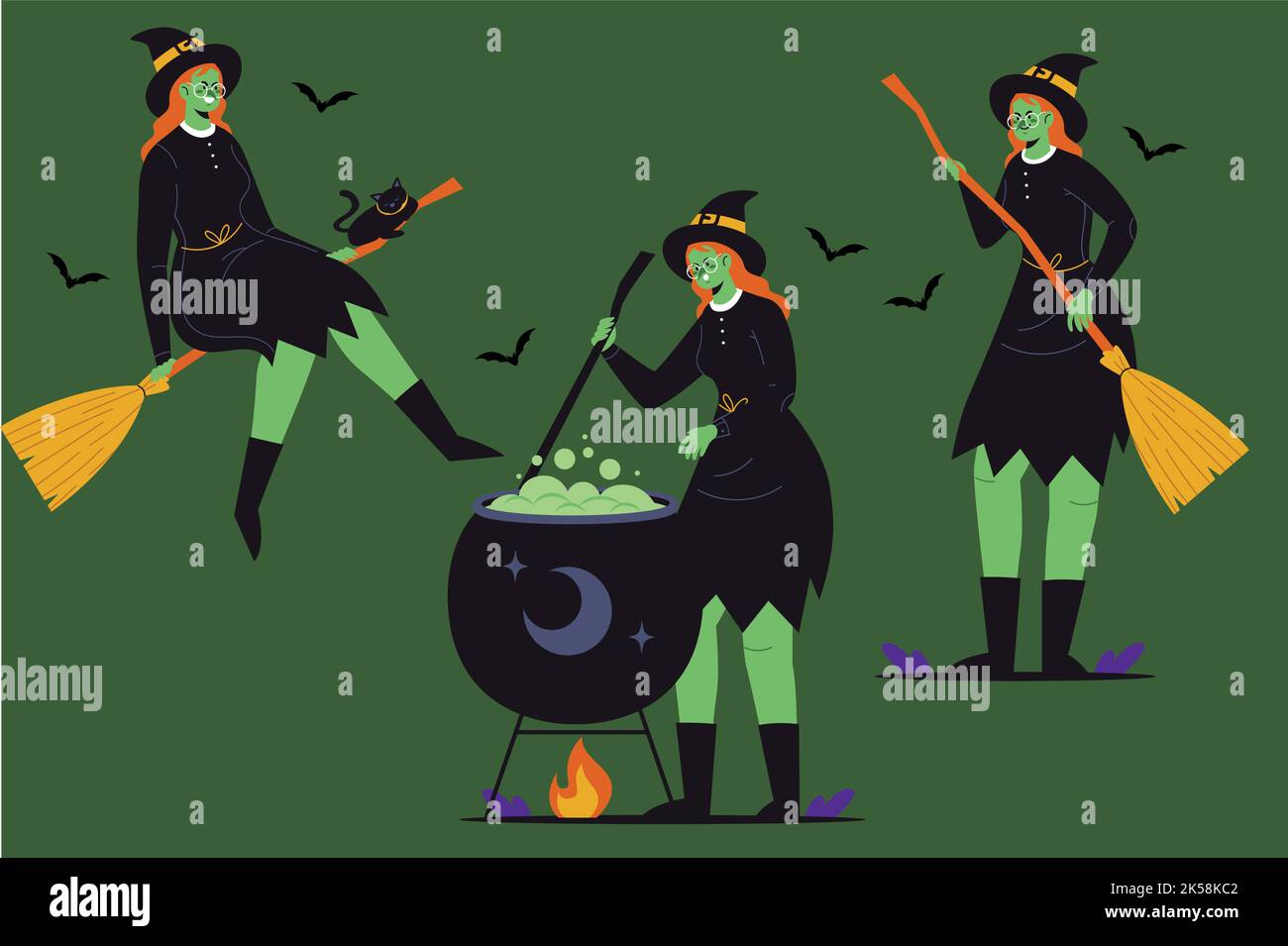 hand drawn flat halloween witches collection vector design illustration ...