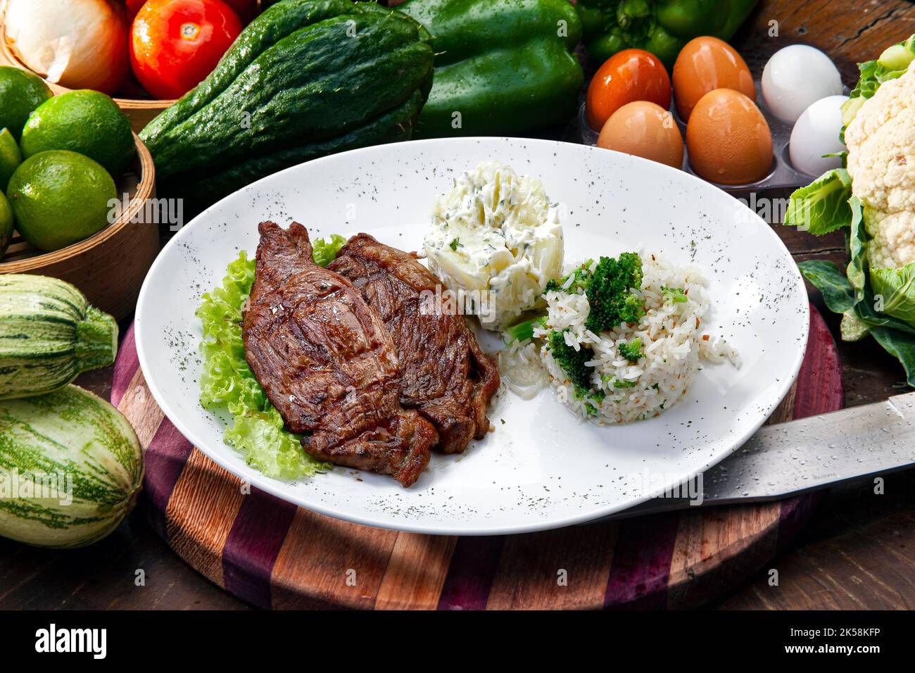 Beef steak with potatoes and rice Stock Photo - Alamy