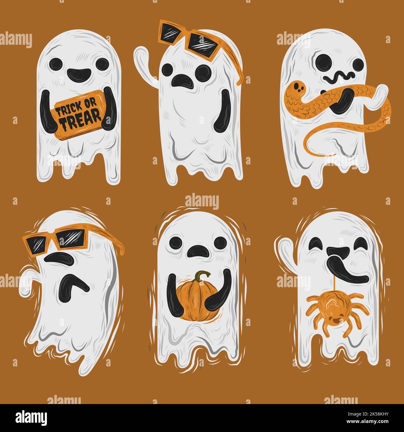 hand drawn halloween ghosts collection vector design illustration Stock ...