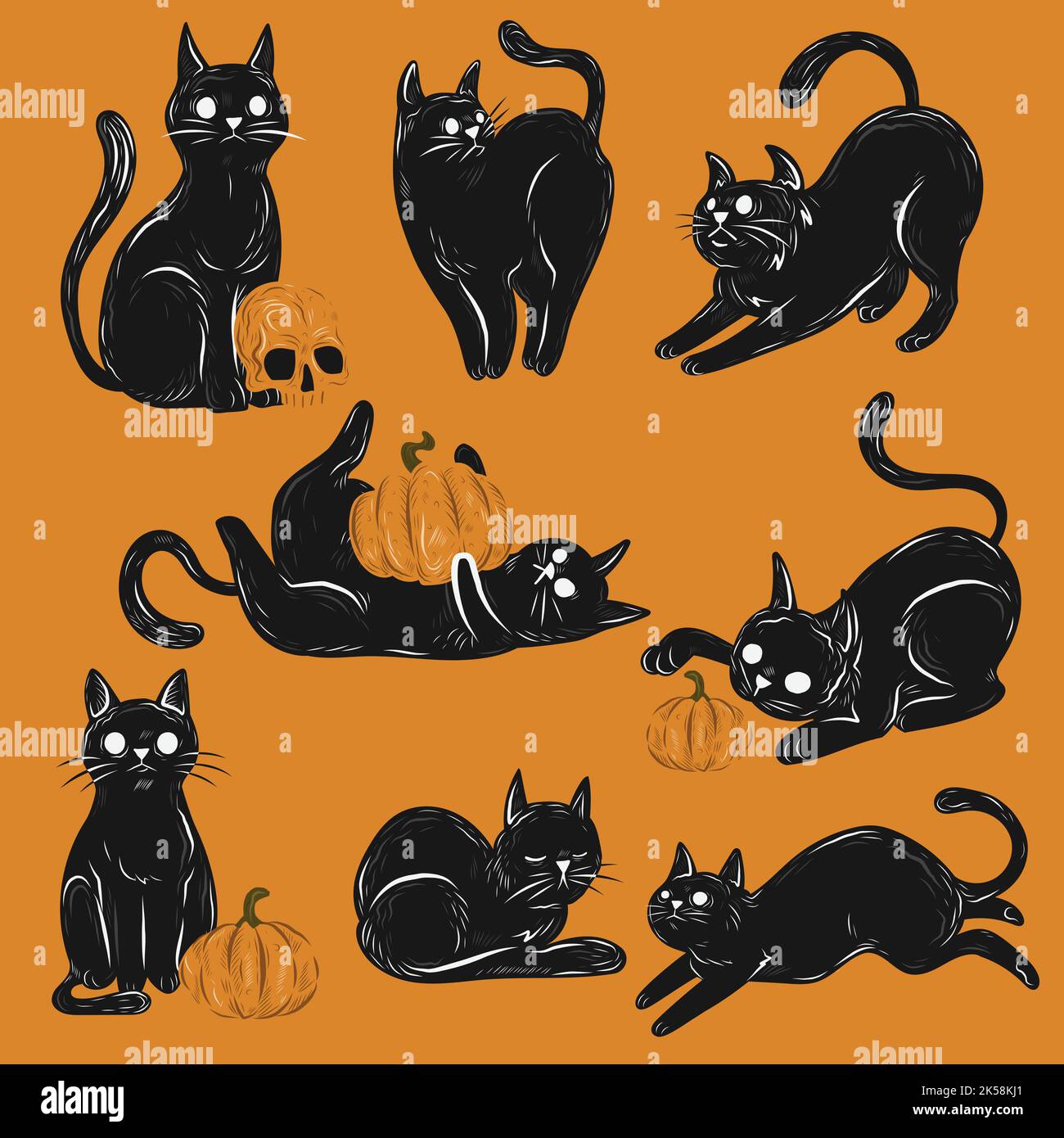 hand drawn halloween black cats collection vector design illustration ...