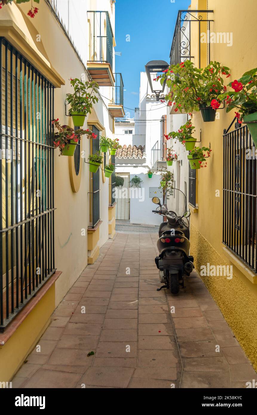Narrow streets in the center of Estepona, typical Andalusian town, with ...