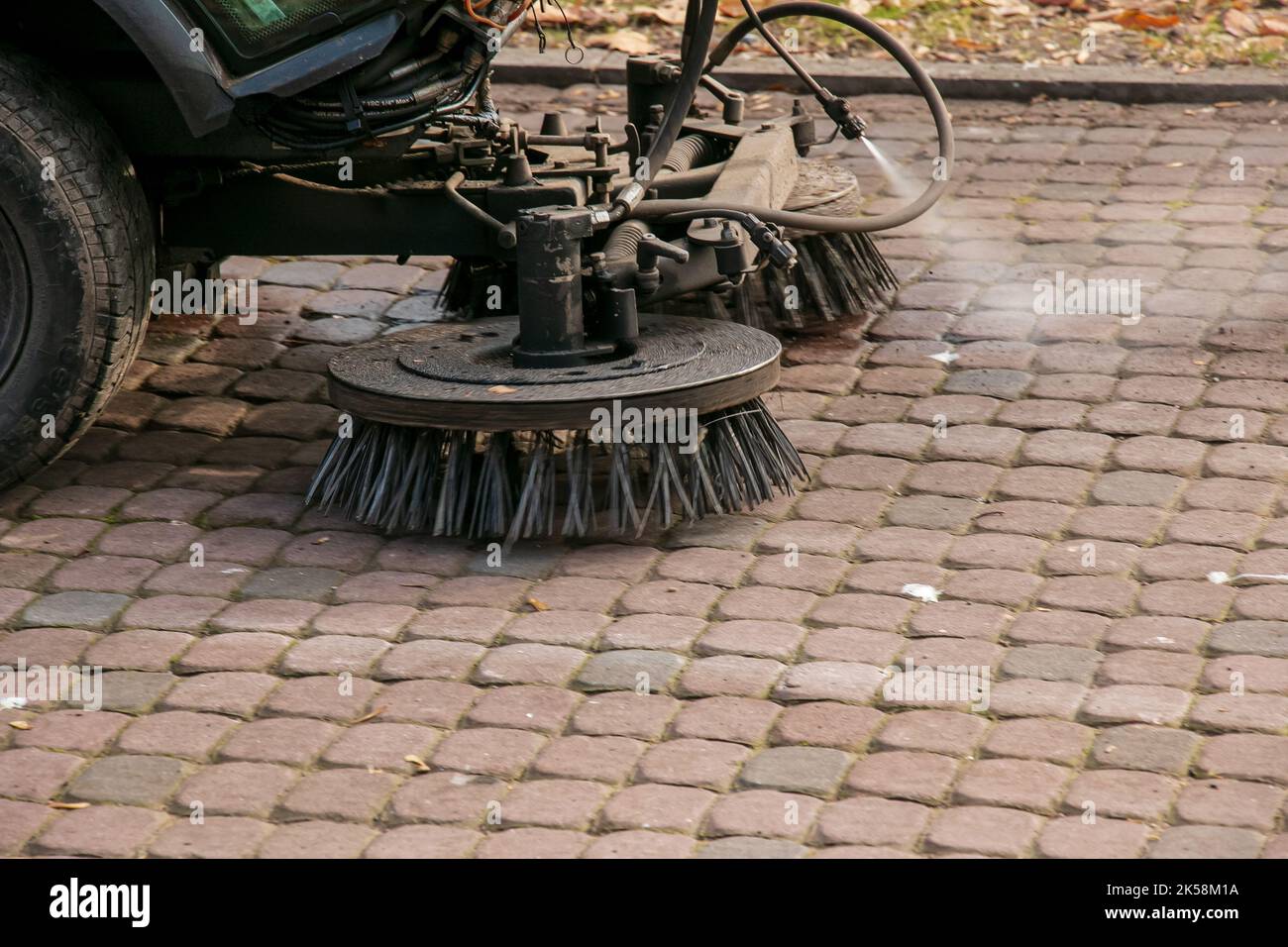 The municipal service conducts seasonal work in the park. The sweeper ...