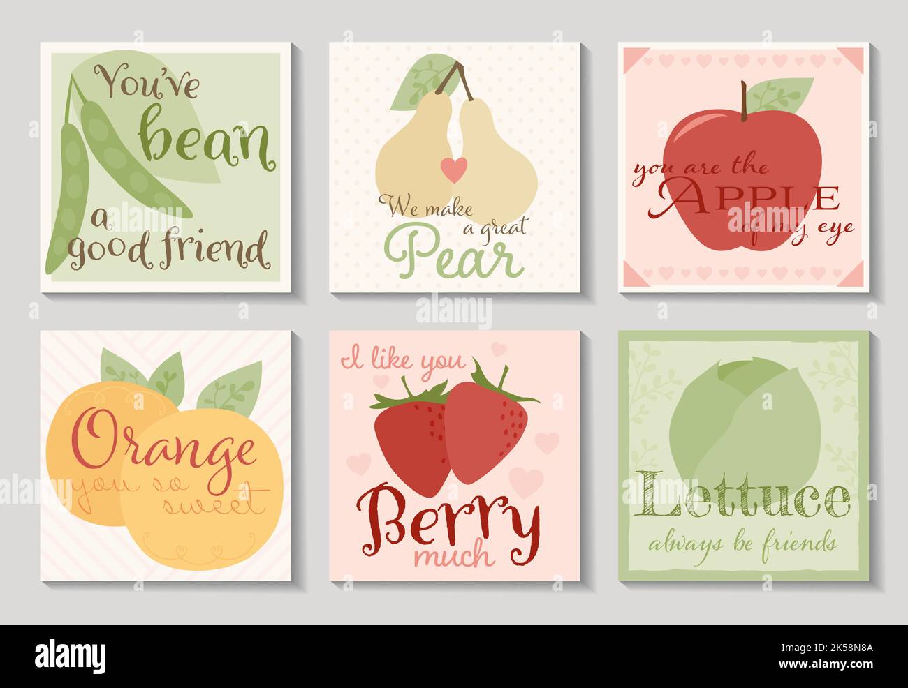 A set of six cute cards with fun fruit and vegetable designs Stock ...