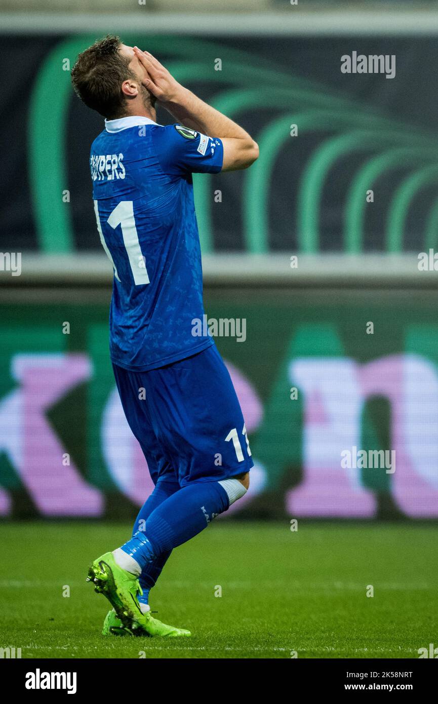 Gent, Belgium, 06/10/2022, Gent's Hugo Cuypers looks dejected during a soccer match between ...