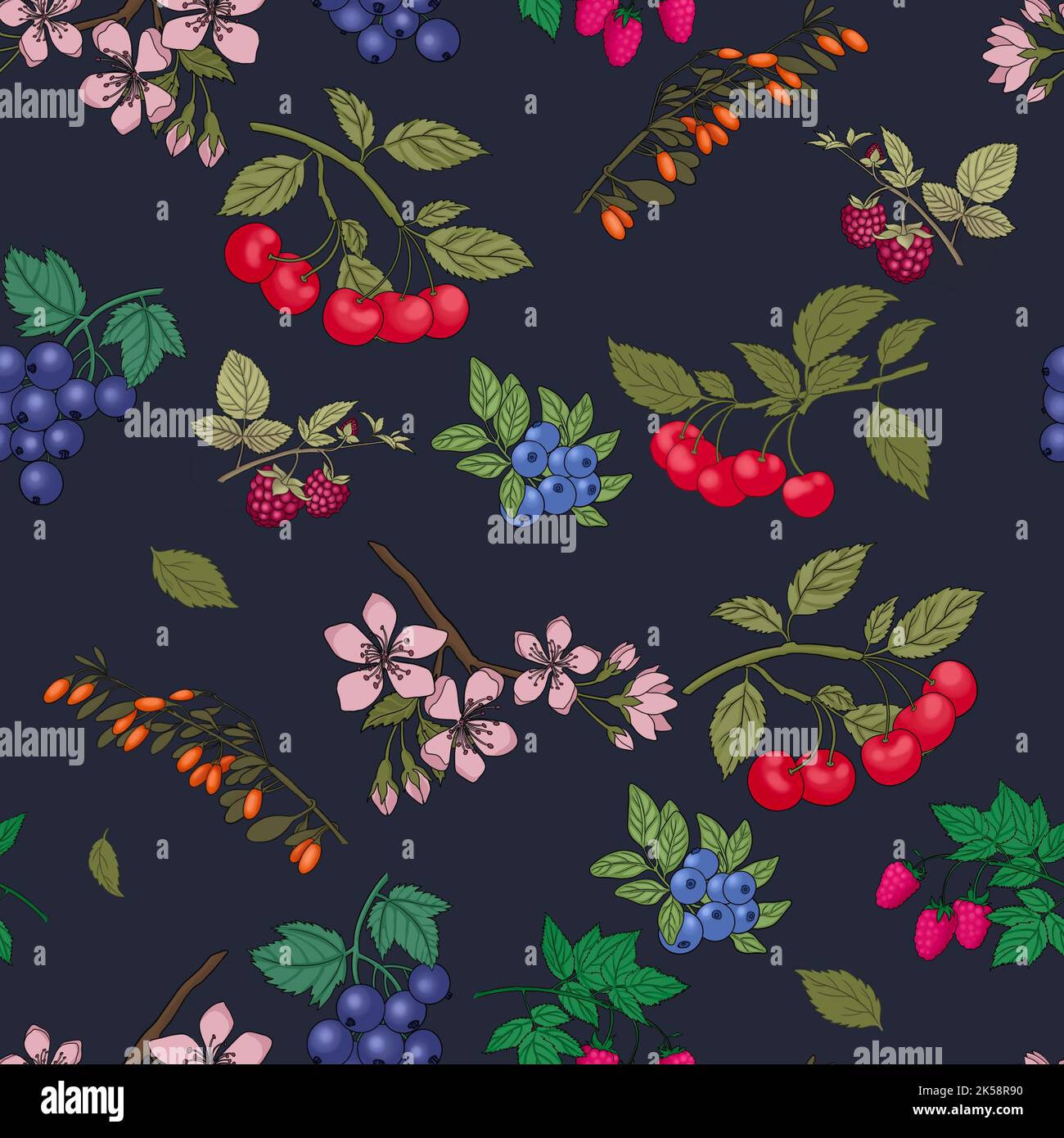 Seamless botanical pattern, bright natural print with blueberry bushes ...