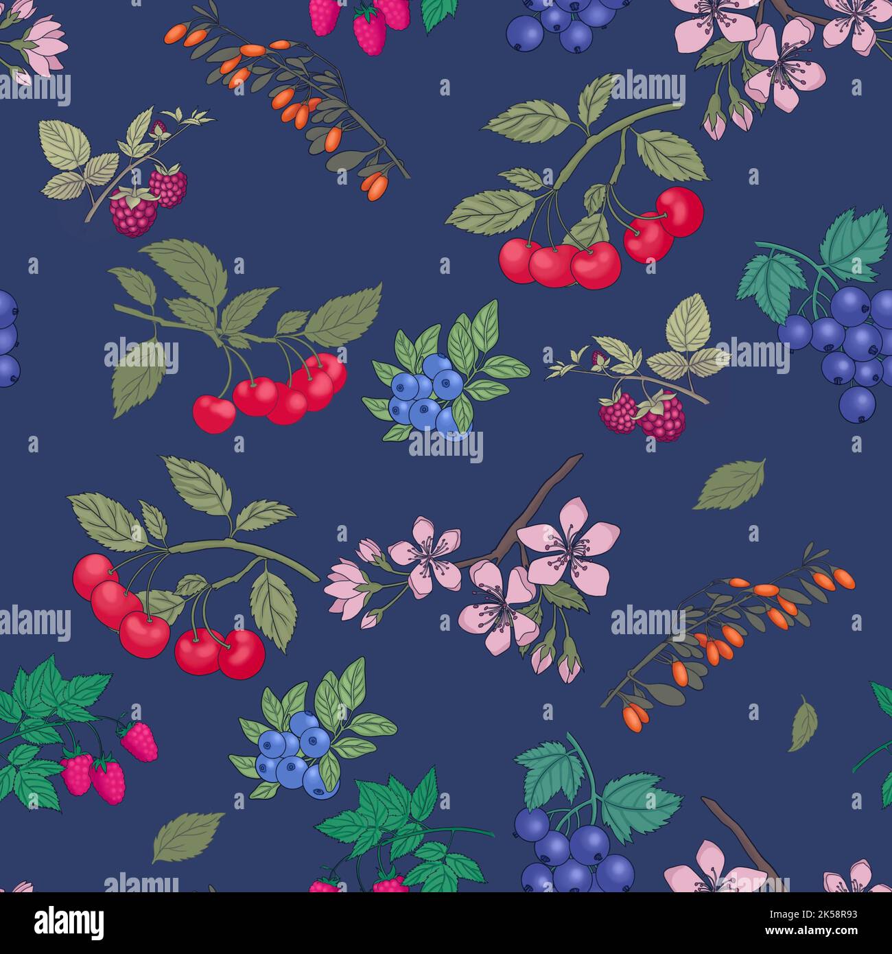 Seamless botanical pattern, bright natural print with blueberry bushes ...