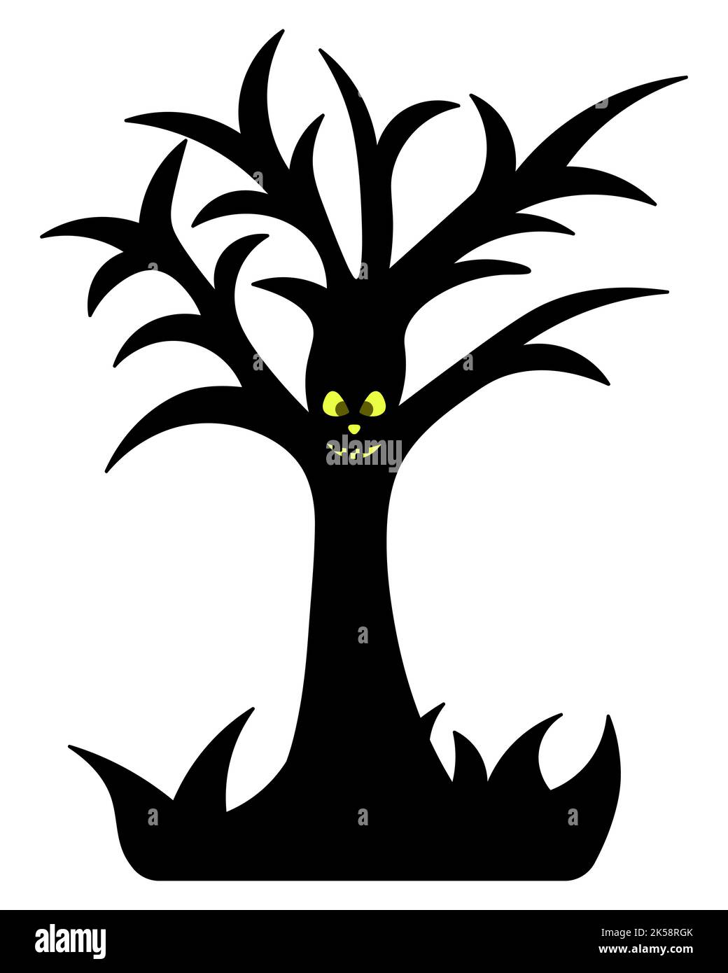 Ominous tree. Terrible grin. Silhouette. Oak with crooked branches. An ...