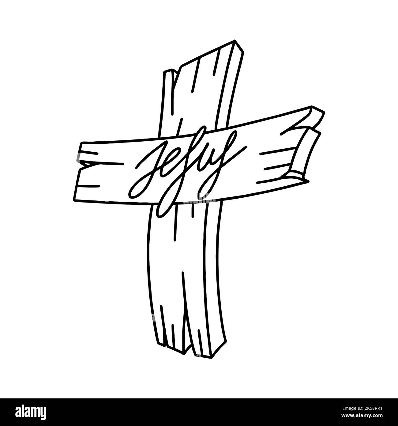 Christian doodle illustration. A wooden cross with the inscription ...