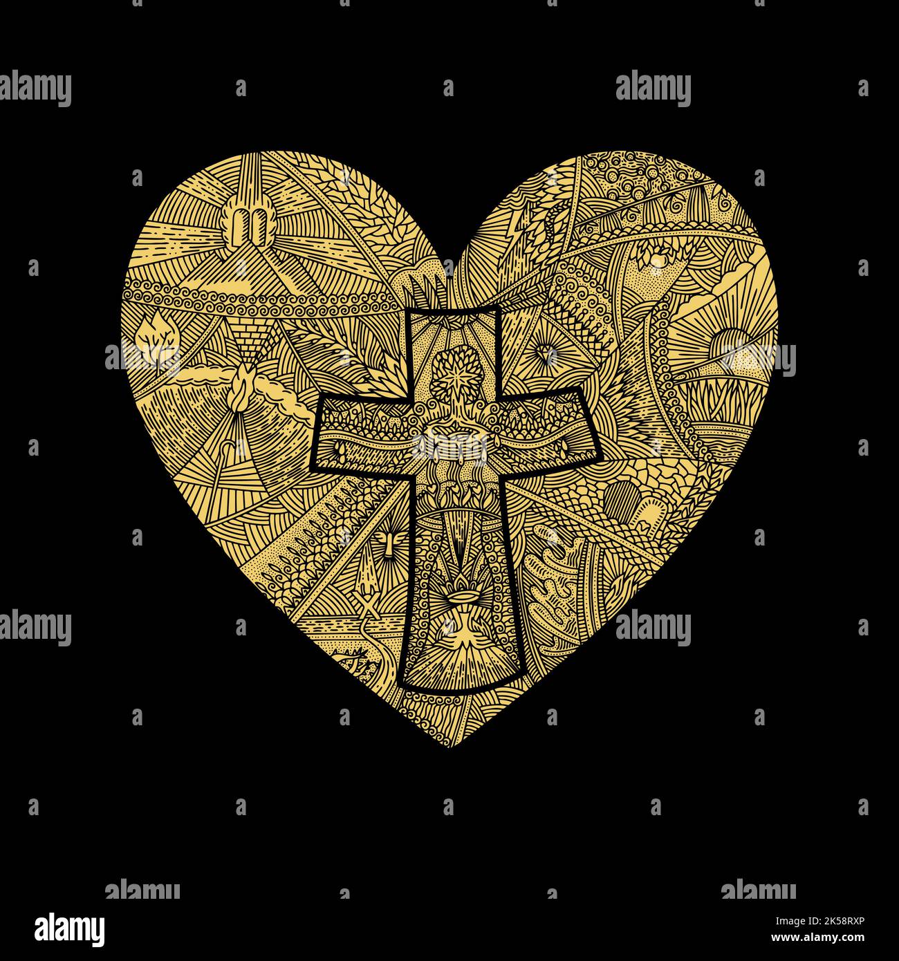 Christian doodle illustration. A heart with a cross inside, a ...