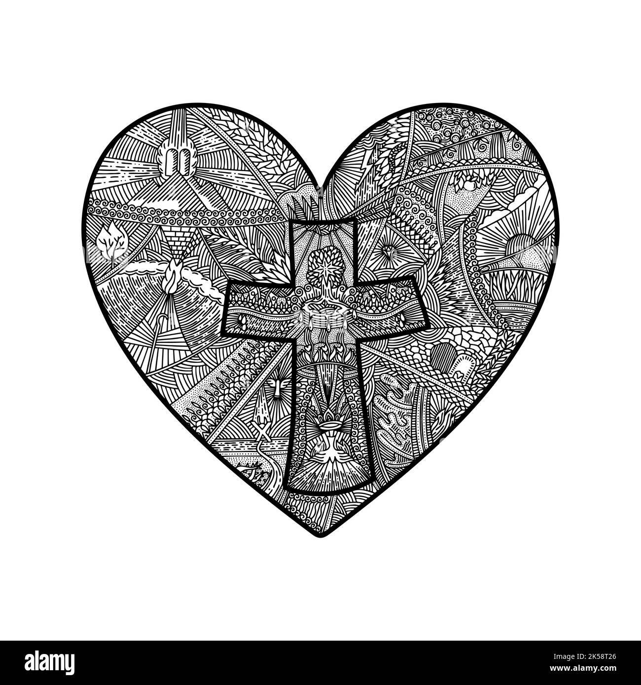 Christian doodle illustration. A heart with a cross inside, a ...