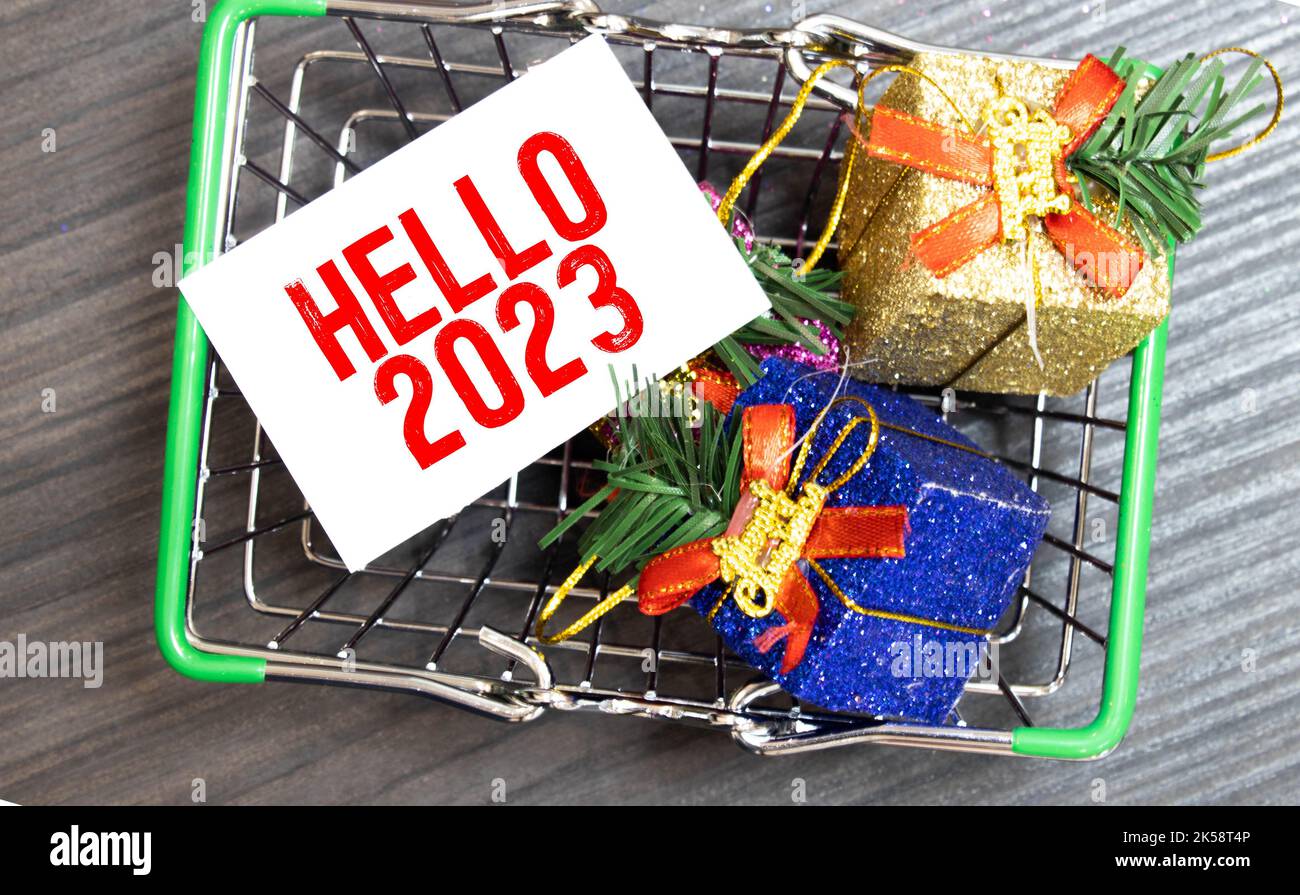 Hello 2023 text on a card on a holoub background next to decorative ...