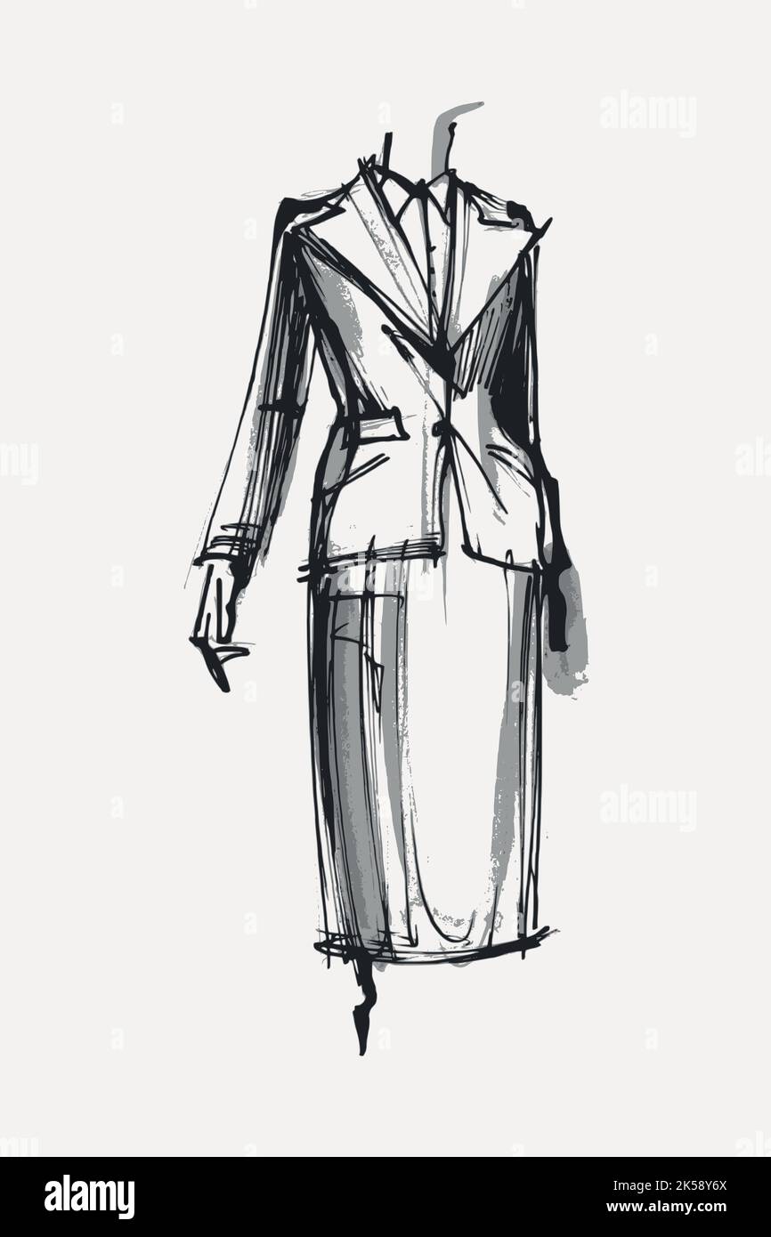 Women's skirt suit drawing, vintage fashion sketch vector Stock Vector ...