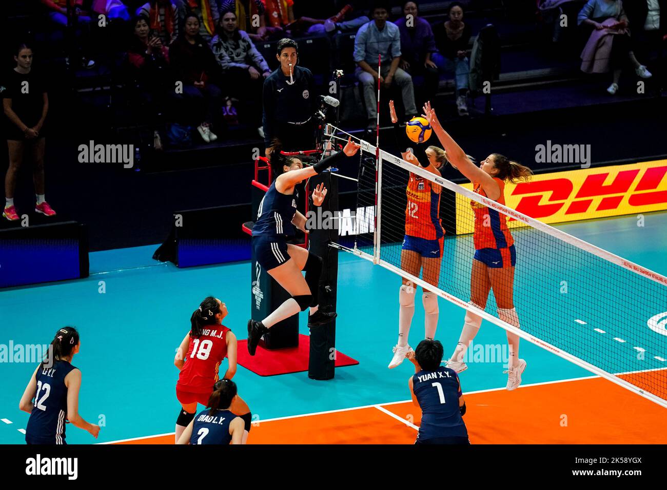 ROTTERDAM, NETHERLANDS - OCTOBER 6: Yunlu Wang of China spikes the ball ...
