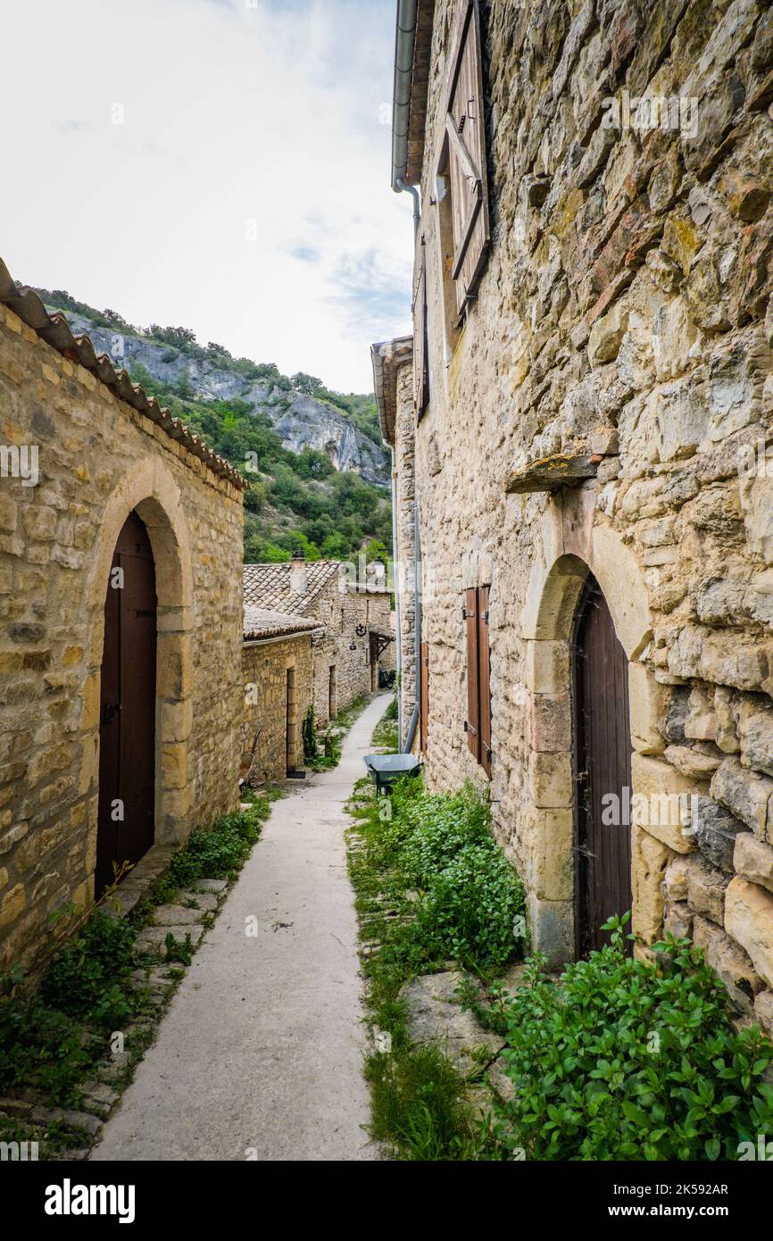 View on the beautiful stone facades and medieval houses of the small ...