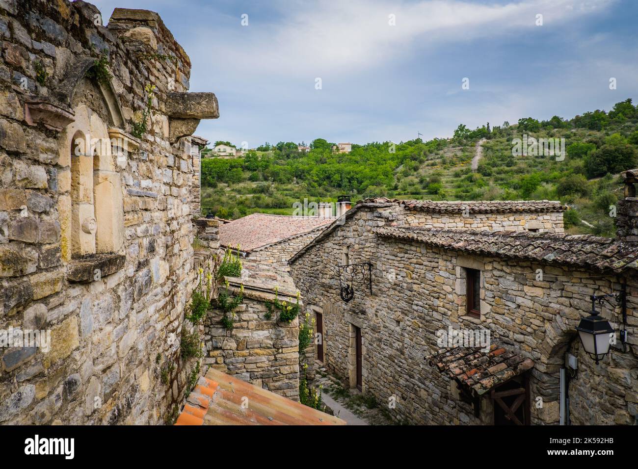 View on the beautiful stone facades and medieval houses of the small ...