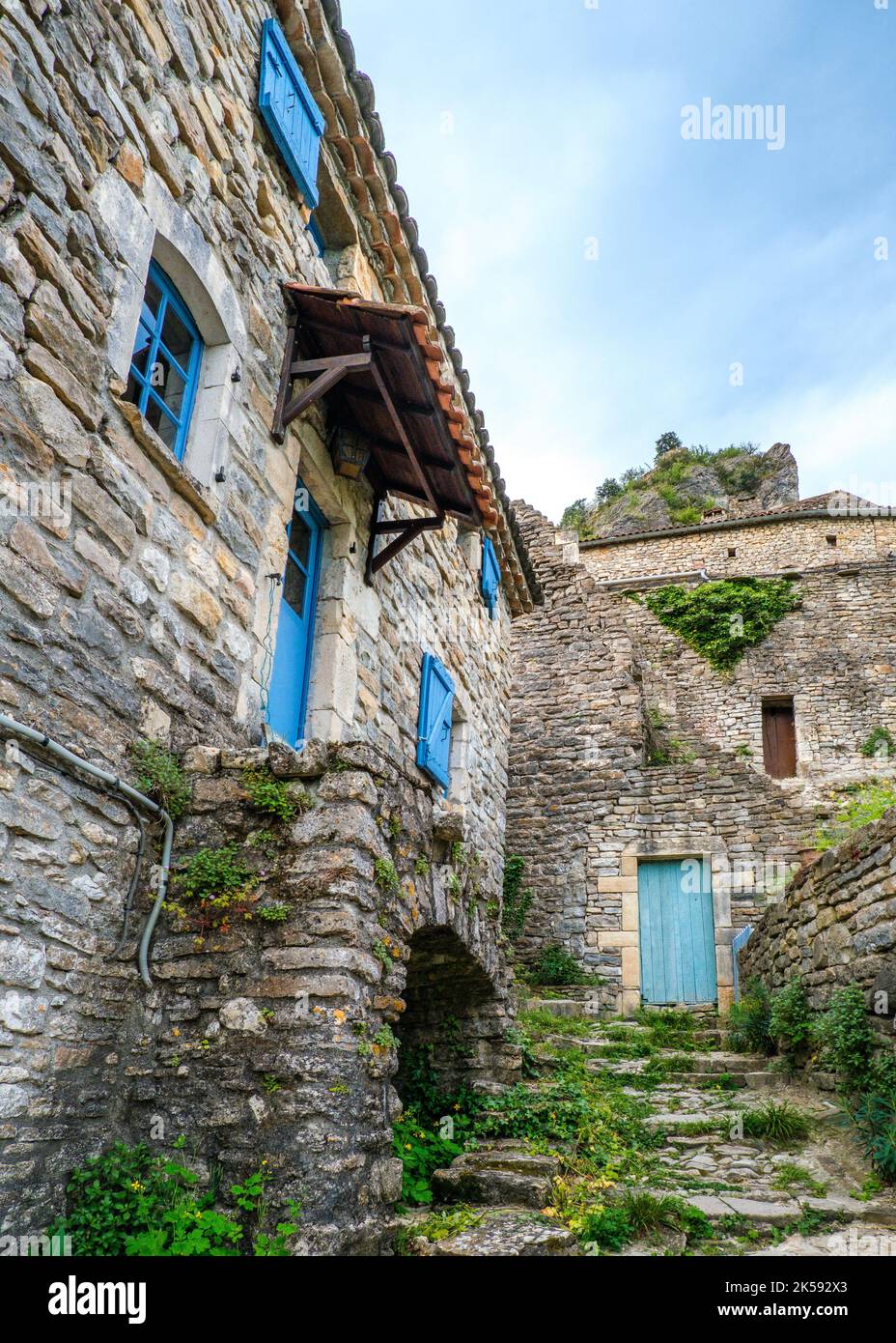 View on the beautiful stone facades and medieval houses of the small ...
