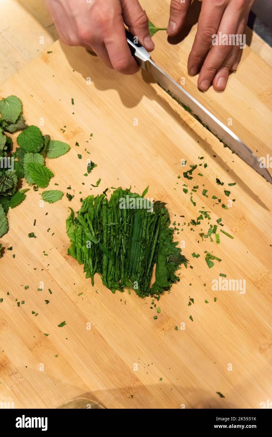 Shisho Leaves Being Chopped for Small Batch Brew Stock Photo - Alamy