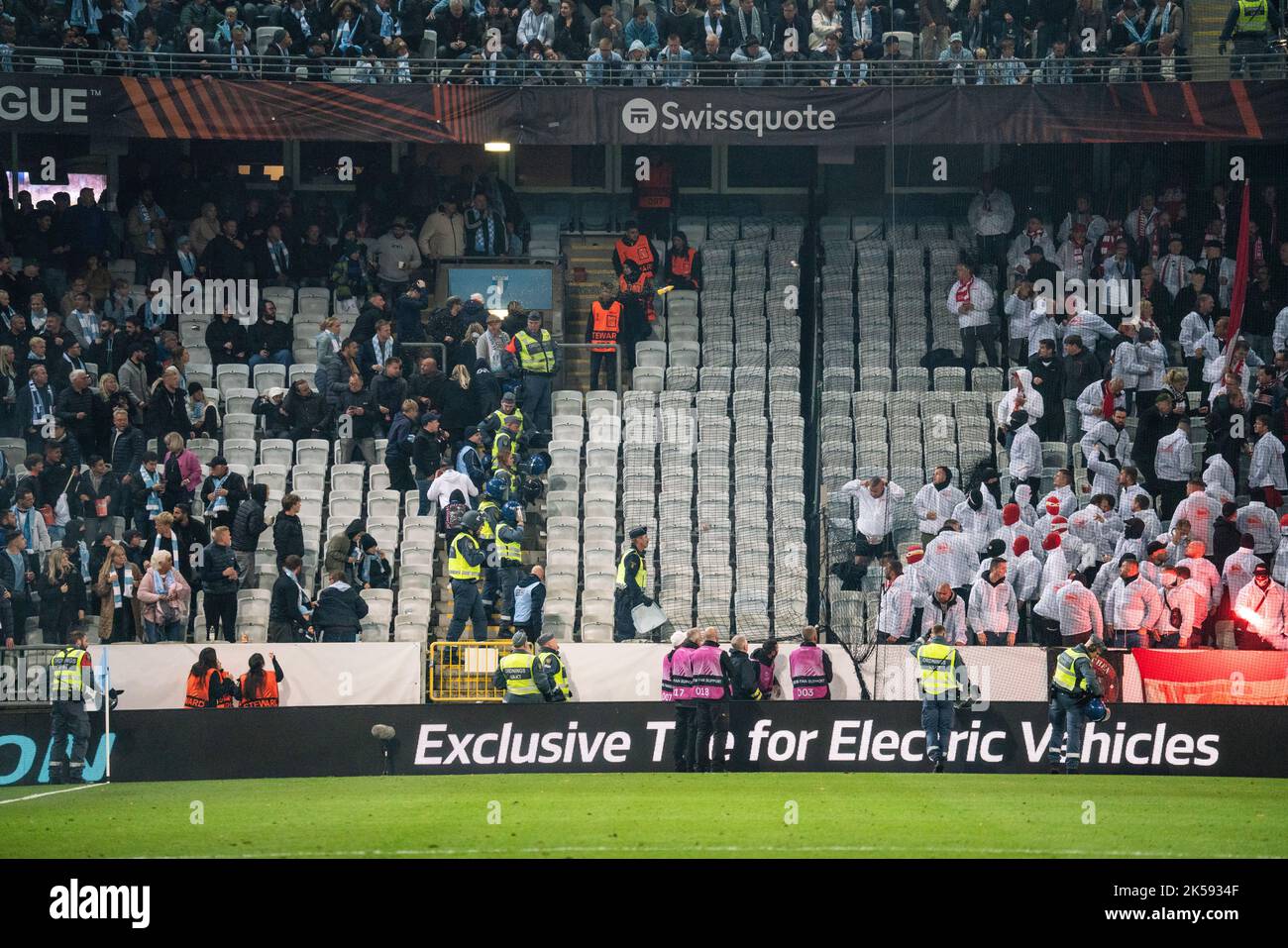 Malmoe, Sweden. 06th Oct, 2022. Riots break out in the away section ...