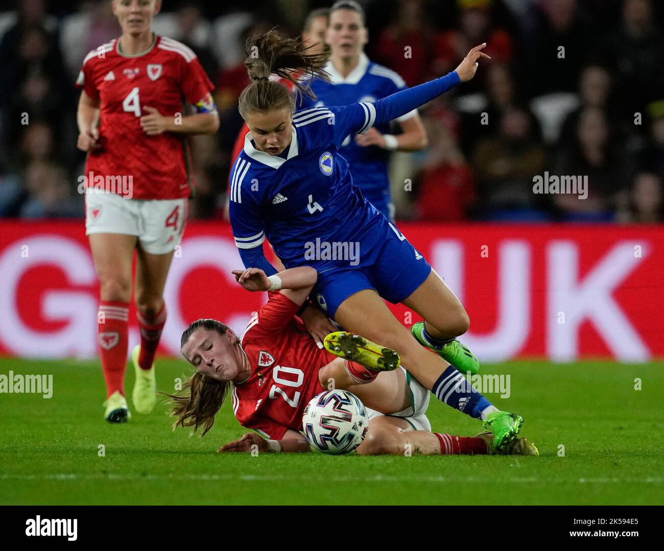 Cardiff, Wales, 6, October, 2022,Carrie Jones (Wales) (L) tackles Ena ...