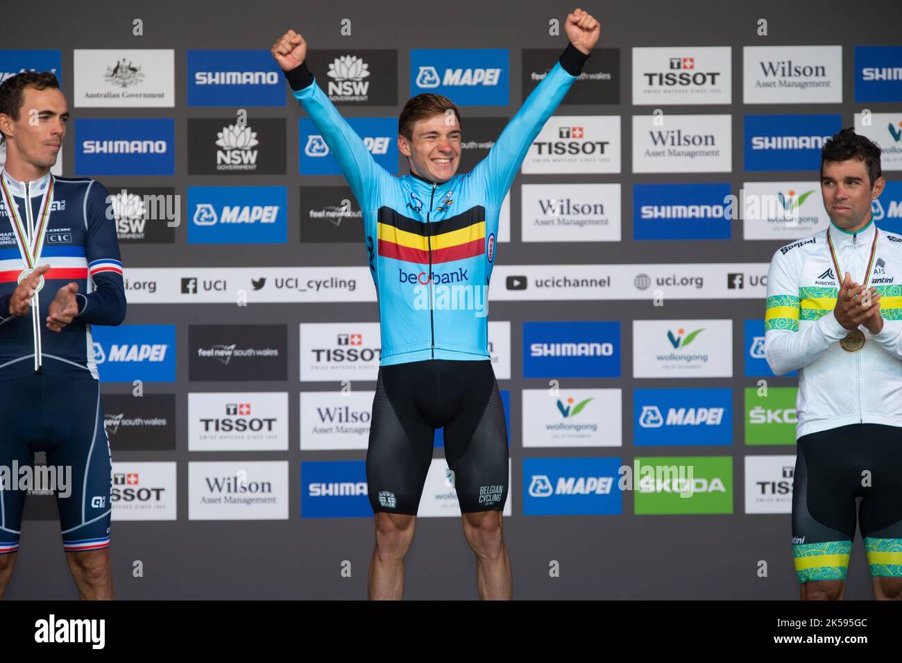 Remco Evenepoel of Belgium on the podium as he receives the gold medal ...