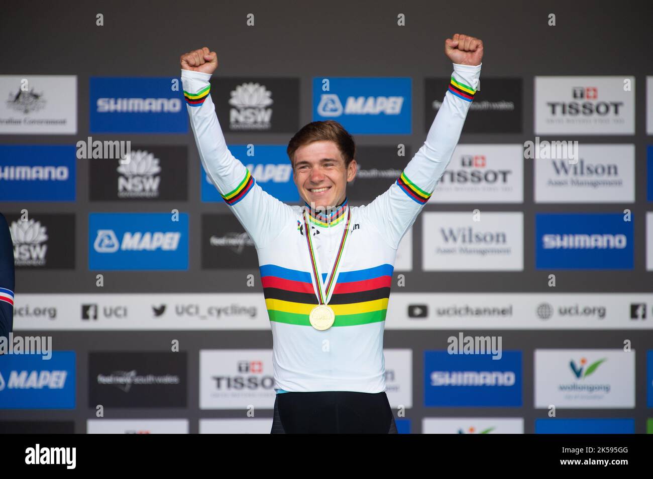 Remco Evenepoel of Belgium on the podium as he receives the gold medal ...