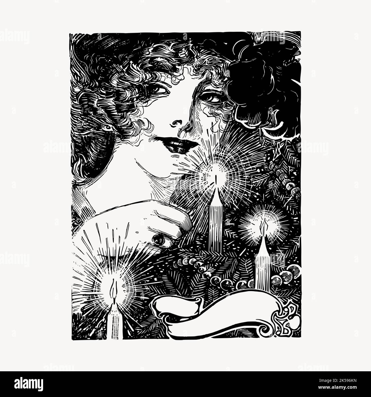 Candle lady drawing, vintage portrait illustration vector Stock Vector ...