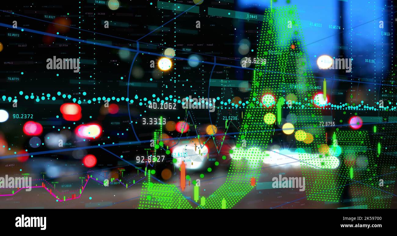 Image of financial data processing against night city traffic Stock ...