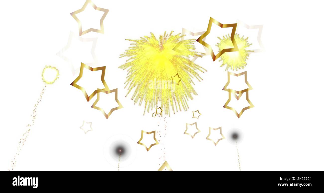 Image of stars over fireworks on white background Stock Photo - Alamy