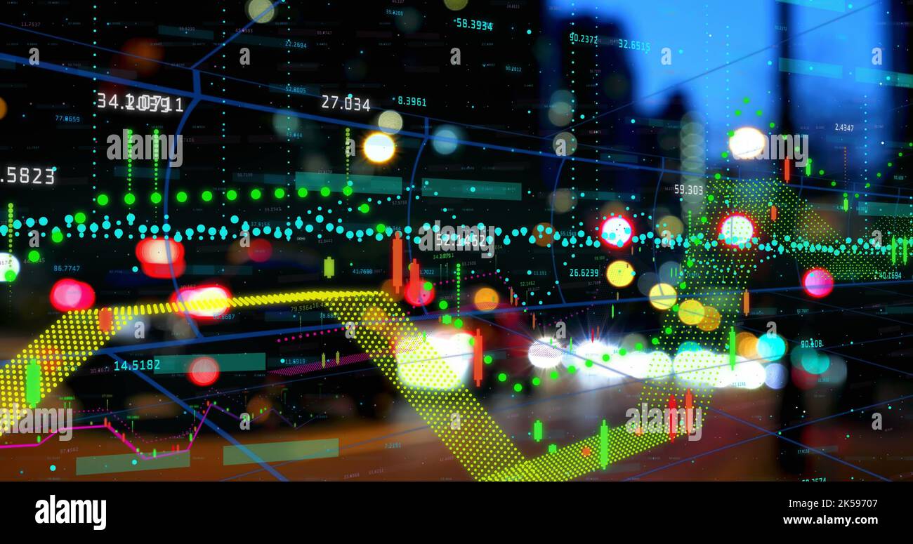 Image of financial data processing against night city traffic Stock ...
