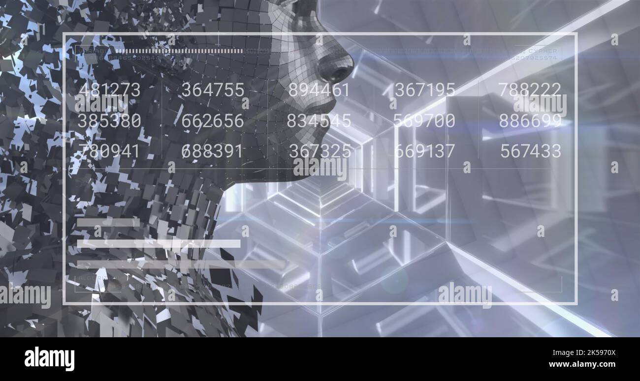Image of digital human, numbers and sound bars over hexagon pattern ...