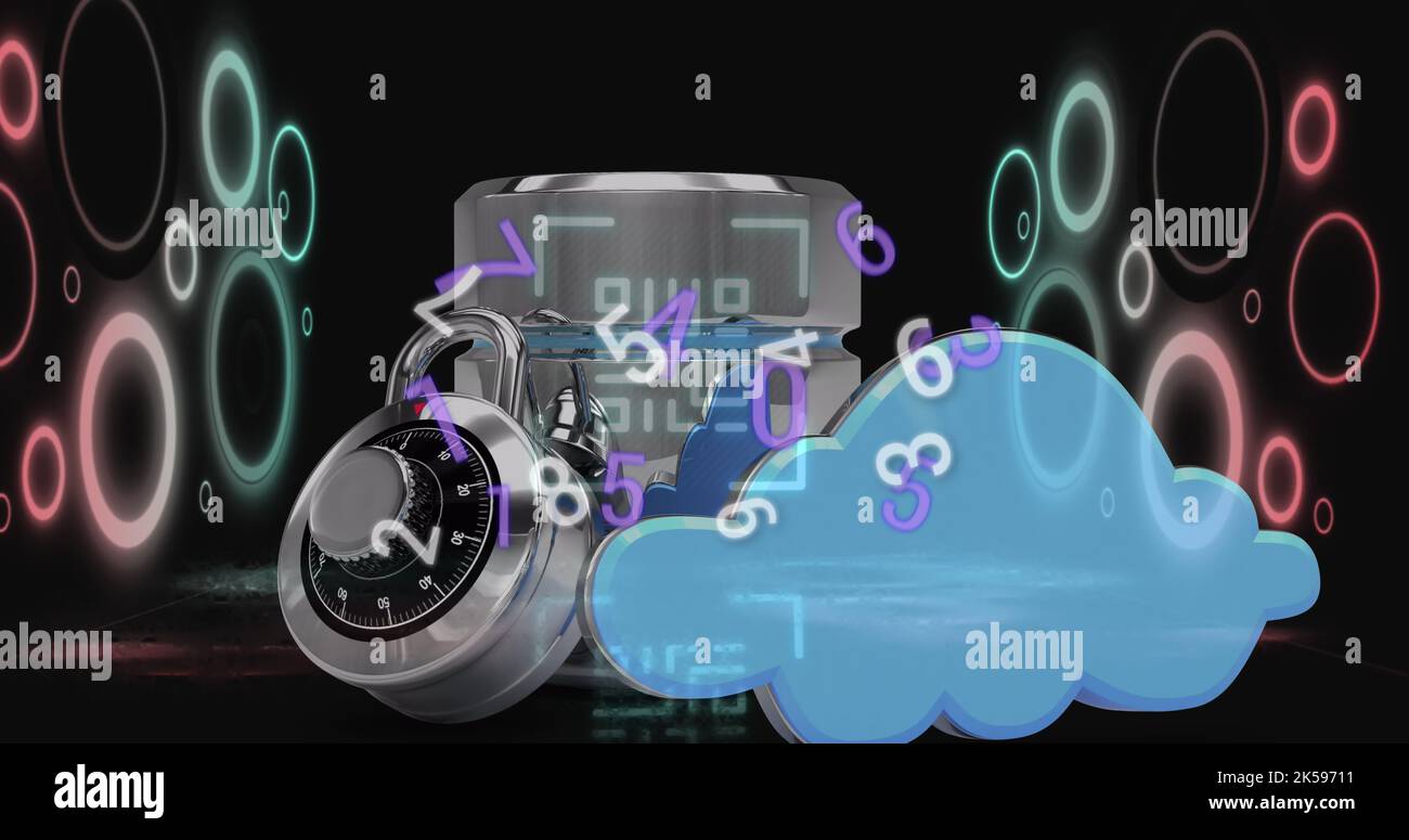 Image of data processing with qr code over padlock on black background ...