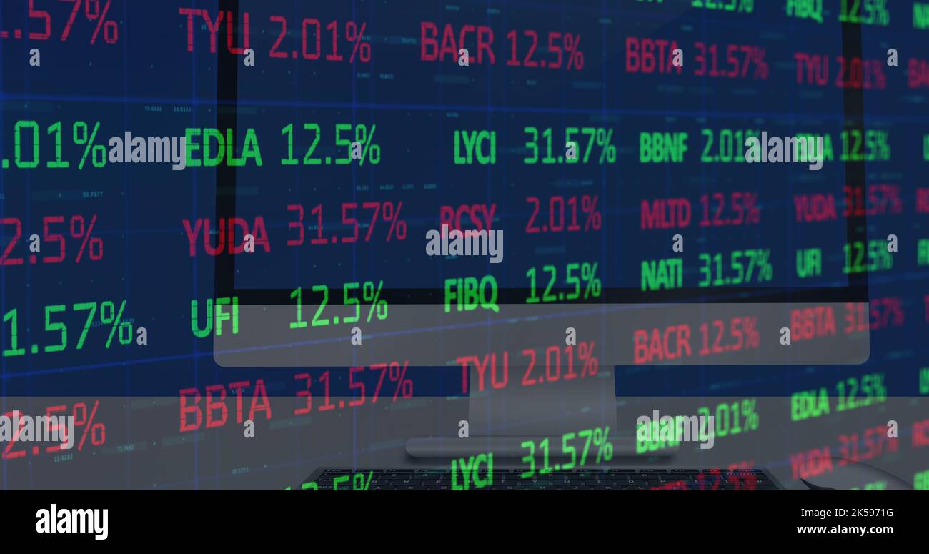 Image of stock market data processing against close up of a desktop ...