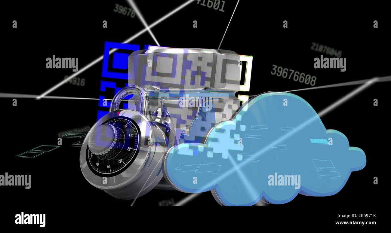 Image of data processing with qr code over padlock on black background ...
