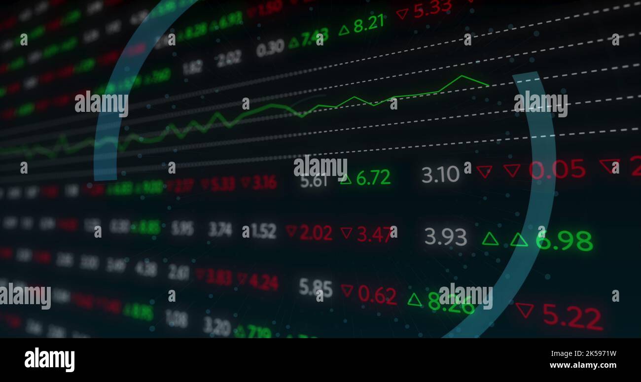Image of scope scanning with computer icon over stock market on black ...