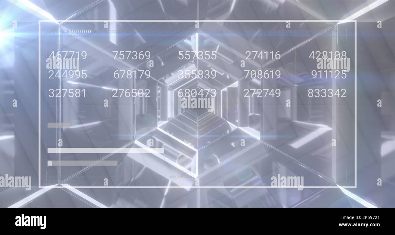Image of digital human, numbers and sound bars over hexagon pattern ...