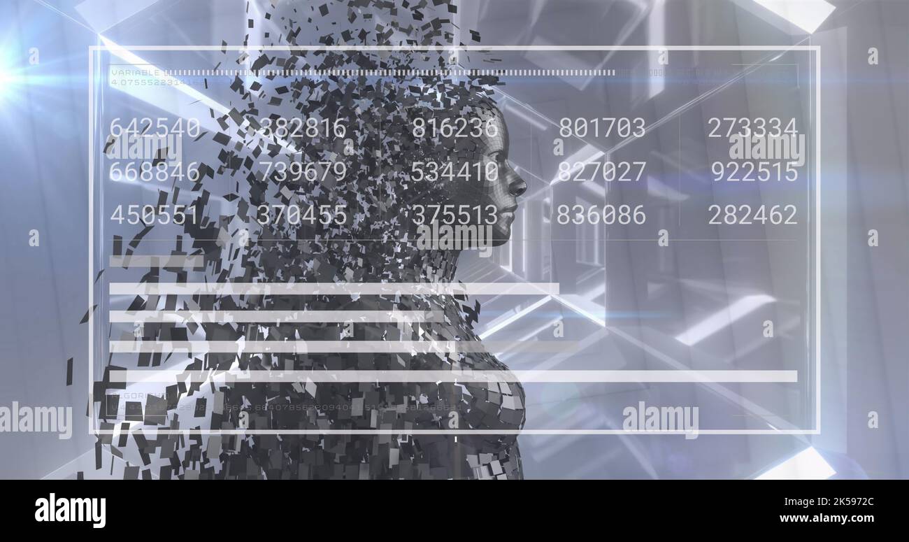 Image of digital human, numbers and sound bars over hexagon pattern ...