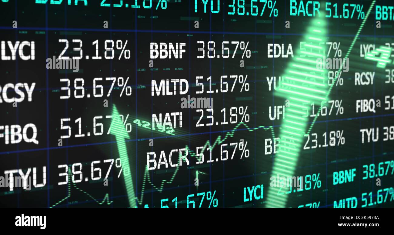 Image of stock market with graph and arrows on black background Stock ...