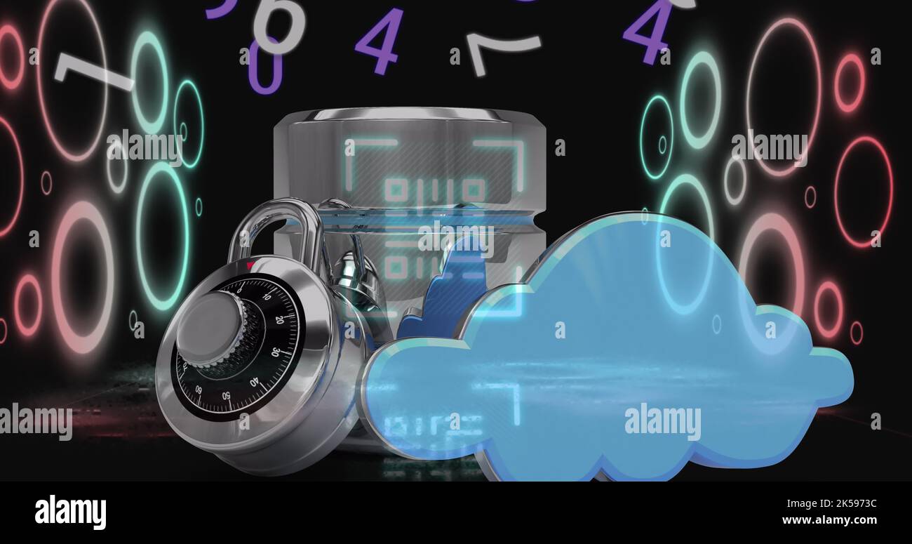 Image of data processing with qr code over padlock on black background ...