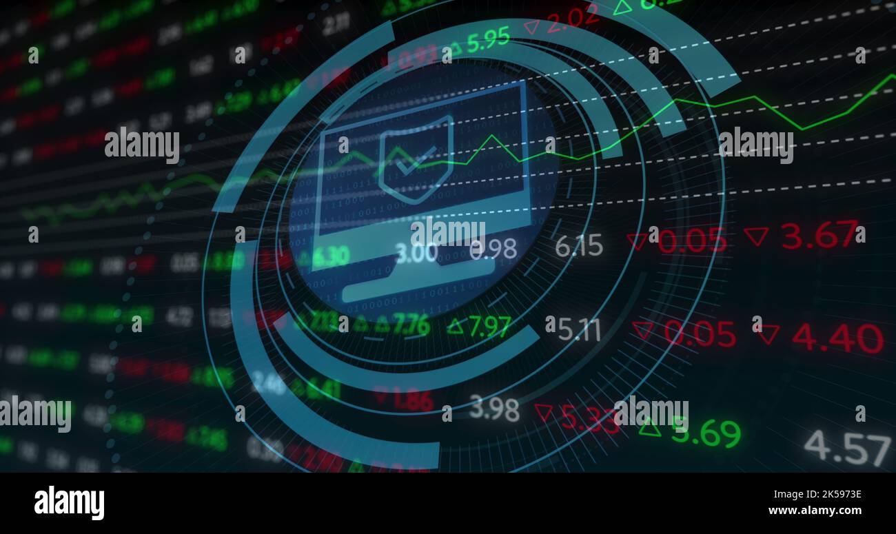 Image of scope scanning with computer icon over stock market on black ...