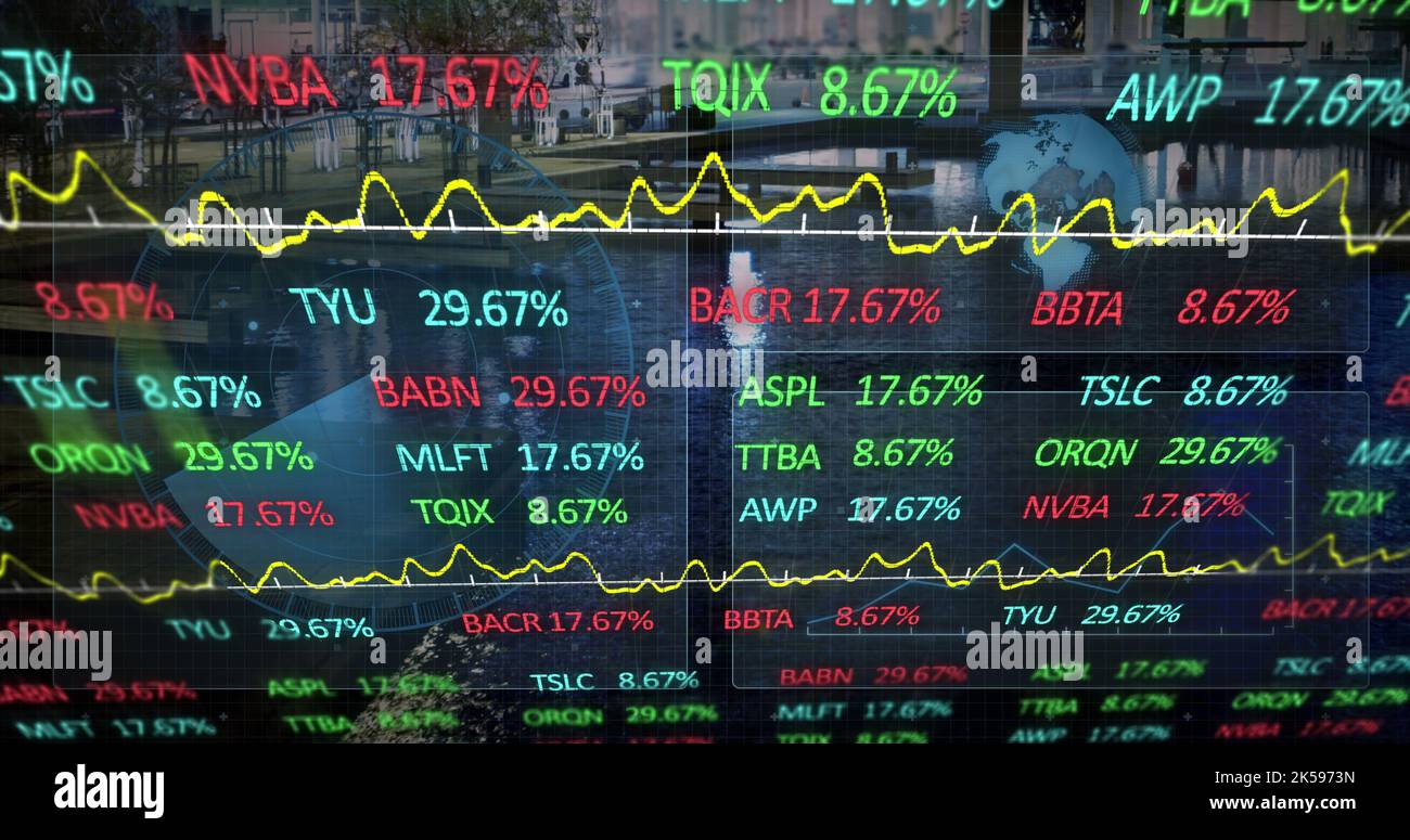 Image of scope scanning and stock market over cityscape Stock Photo - Alamy